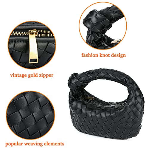 Selighting Knotted Woven Handbags for Women Faux Leather Hobo Shoulder Bag Handmade Designer Clutch Purse Dumpling Pouch Bag Black