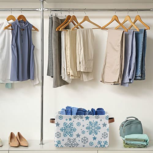 Christmas Snowflake Storage Basket,Blue White Snowflakes Large Storage Bin Fabric Collapsible Organizer Bag with Handles 15x11x9.5 inch