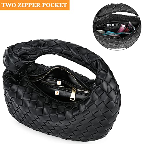 Selighting Knotted Woven Handbags for Women Faux Leather Hobo Shoulder Bag Handmade Designer Clutch Purse Dumpling Pouch Bag Black