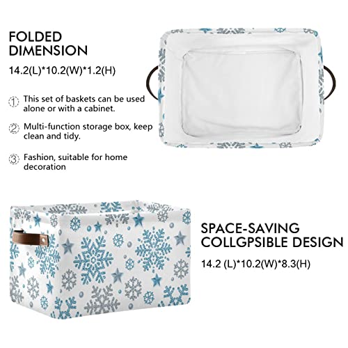 Christmas Snowflake Storage Basket,Blue White Snowflakes Large Storage Bin Fabric Collapsible Organizer Bag with Handles 15x11x9.5 inch