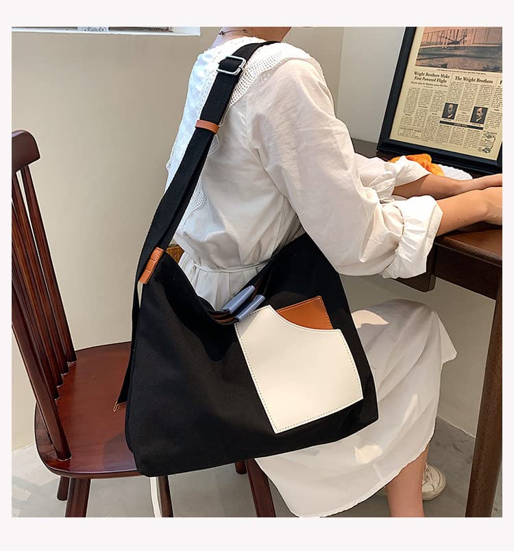 JBB Women's Tote Bag Crossbody Canvas Bags Handbags with Pockets Purses Shoulder Splicing Work Travel White