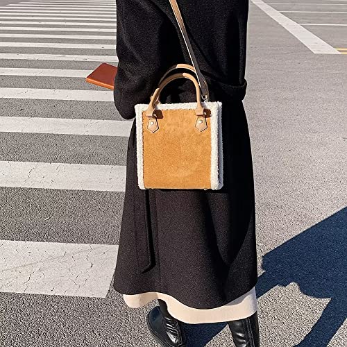 Mudono Handbags for Women Small Suede Tote Bag Square Crossbody Shoulder Purse with Faux Shearling Trim and Detachable Strap