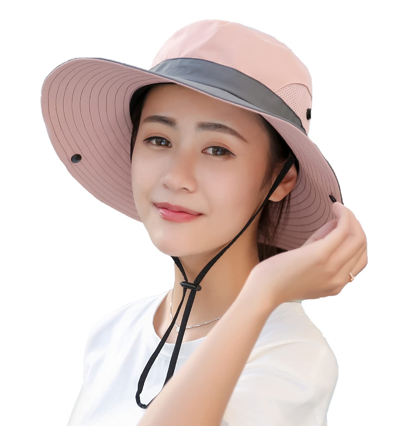 Women's Ponytail Safari Sun Hat Mesh Wide Brim UV Protection Outdoor Bucket Hat Foldable Beach Summer Fishing Hat 1pack-Pink