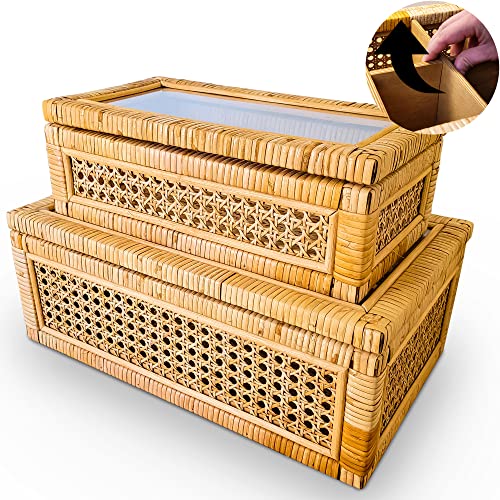 OTOKOHM Rattan Decorative Box With Lid & Removable Divider - Decorative Boxes For Home Decor - Boho Decor Display Box - Decorative Storage Boxes With Lids - Rattan Box With Lid Set of 2