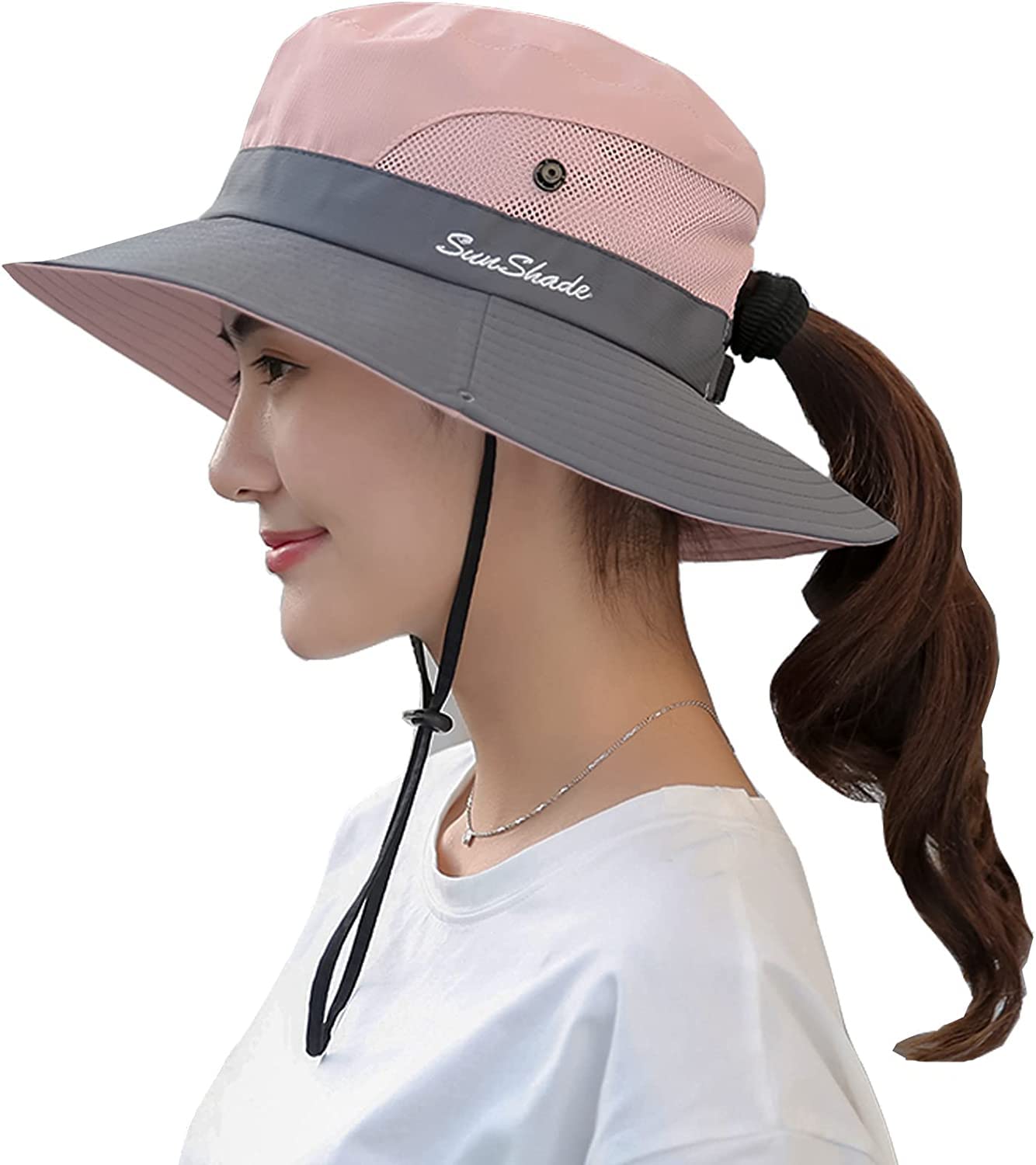 Women's Ponytail Safari Sun Hat Mesh Wide Brim UV Protection Outdoor Bucket Hat Foldable Beach Summer Fishing Hat 1pack-Pink