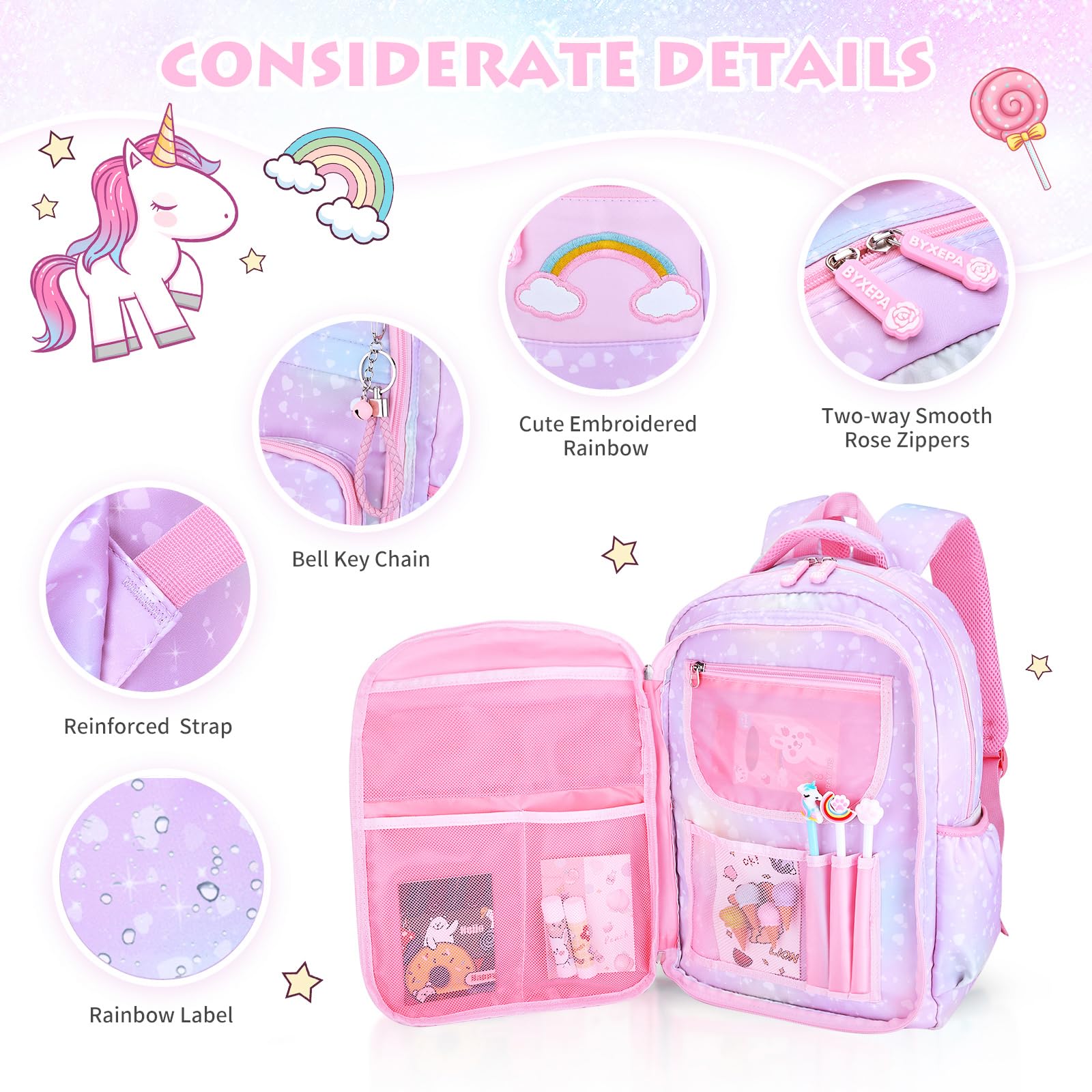 Backpacks for Girls, Kids Backpack School Bookbags with Insulated Lunch Box for School Elementary Girl, School Bag with Laptop Compartments, Galaxy Purple