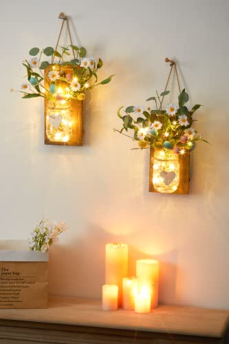 2 PACK Easter Decorations, Party Joy Easter Decor Mason Jar Sconces Rustic Wall Decor for Living Room Bathroom with Remote Control LED Fairy Lights and Artificial Flowers Spring Decorations for Home