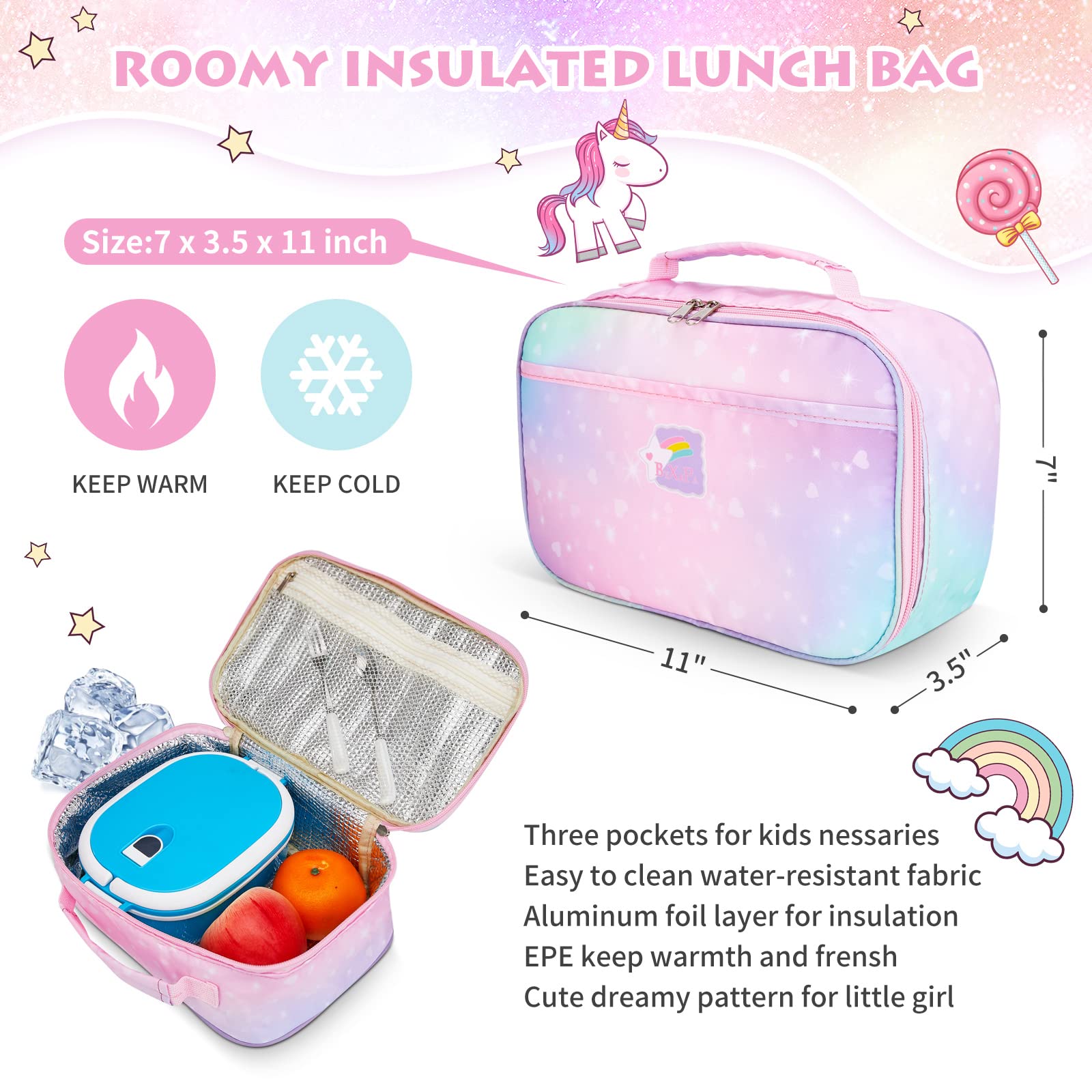 Backpacks for Girls, Kids Backpack School Bookbags with Insulated Lunch Box for School Elementary Girl, School Bag with Laptop Compartments, Galaxy Purple