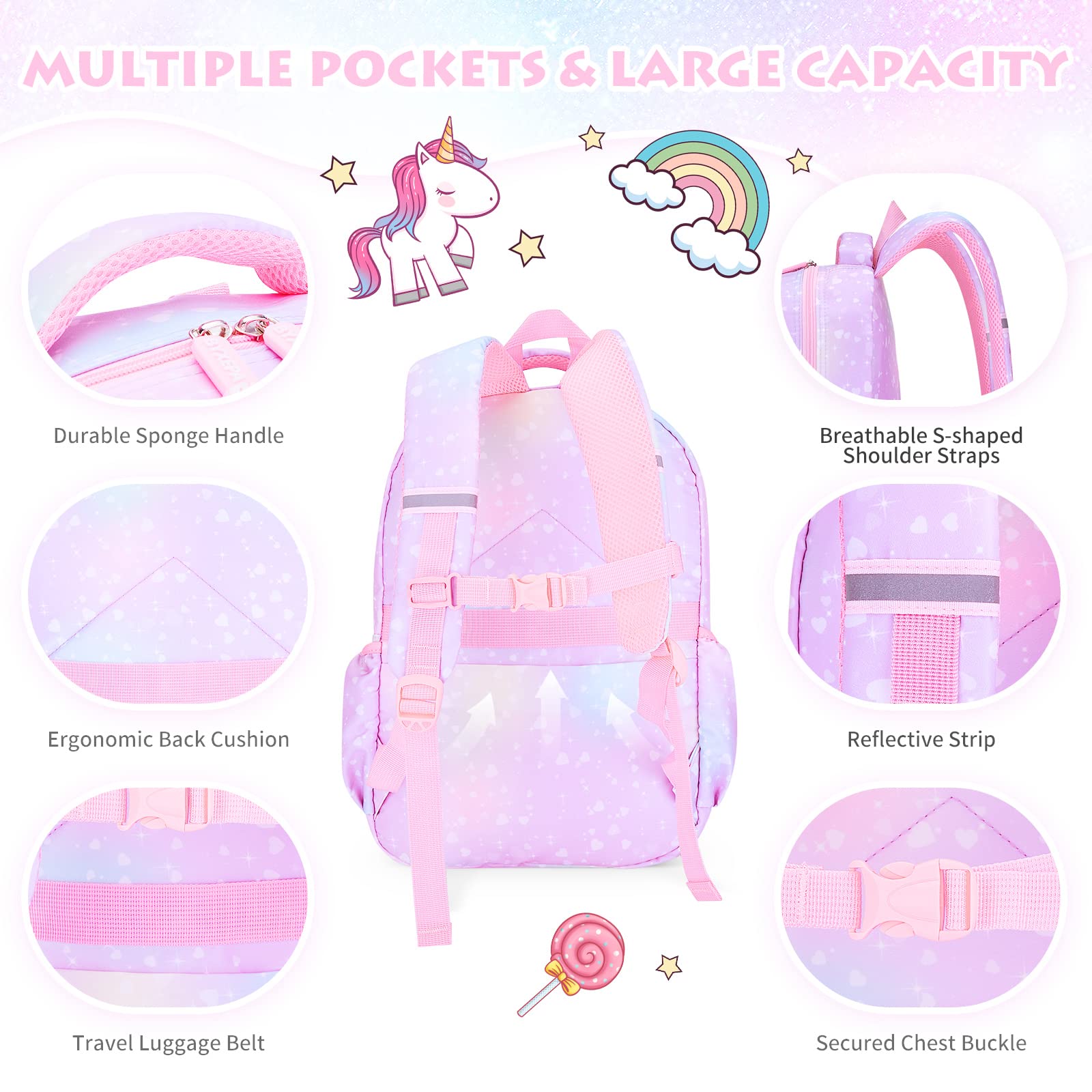 Backpacks for Girls, Kids Backpack School Bookbags with Insulated Lunch Box for School Elementary Girl, School Bag with Laptop Compartments, Galaxy Purple