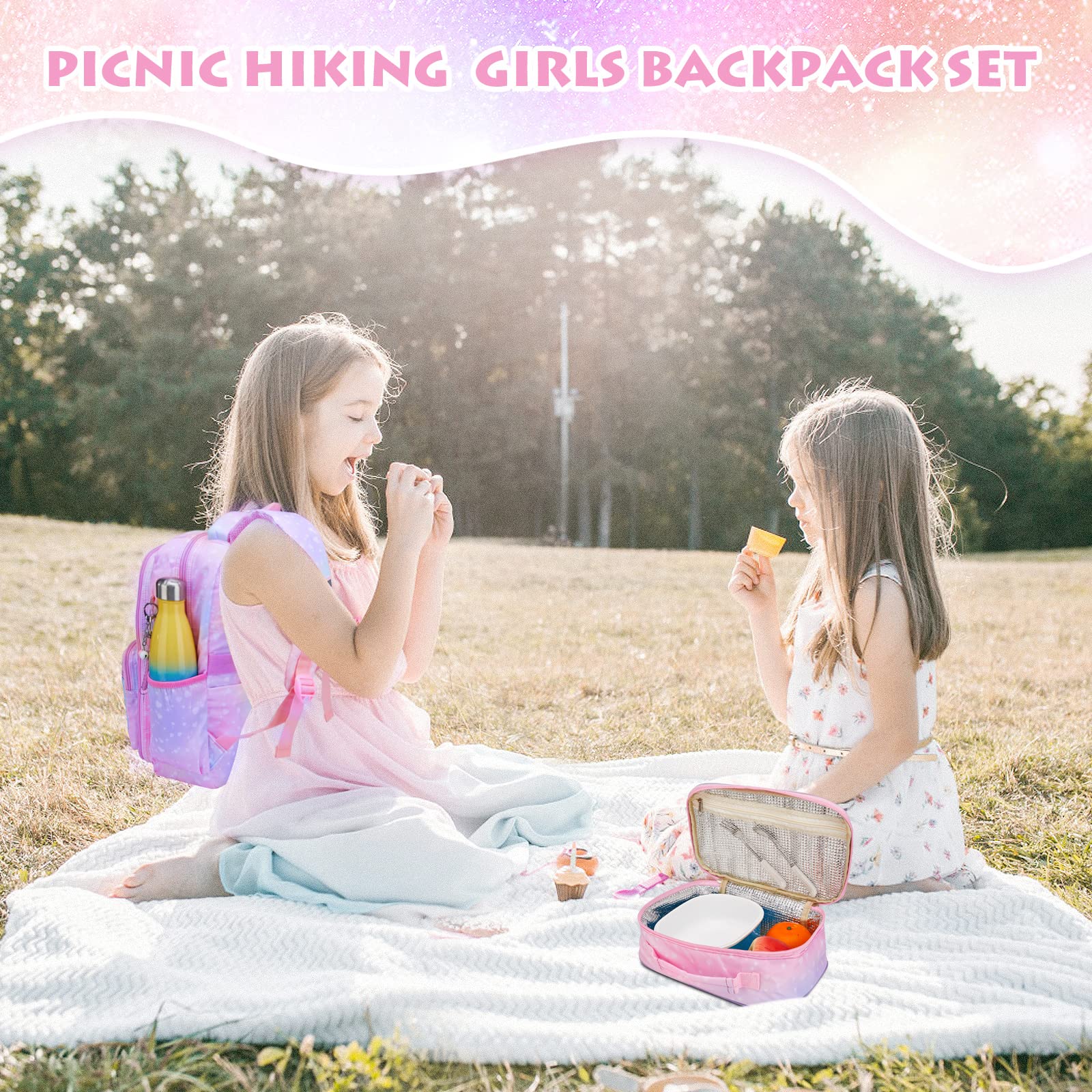 Backpacks for Girls, Kids Backpack School Bookbags with Insulated Lunch Box for School Elementary Girl, School Bag with Laptop Compartments, Galaxy Purple