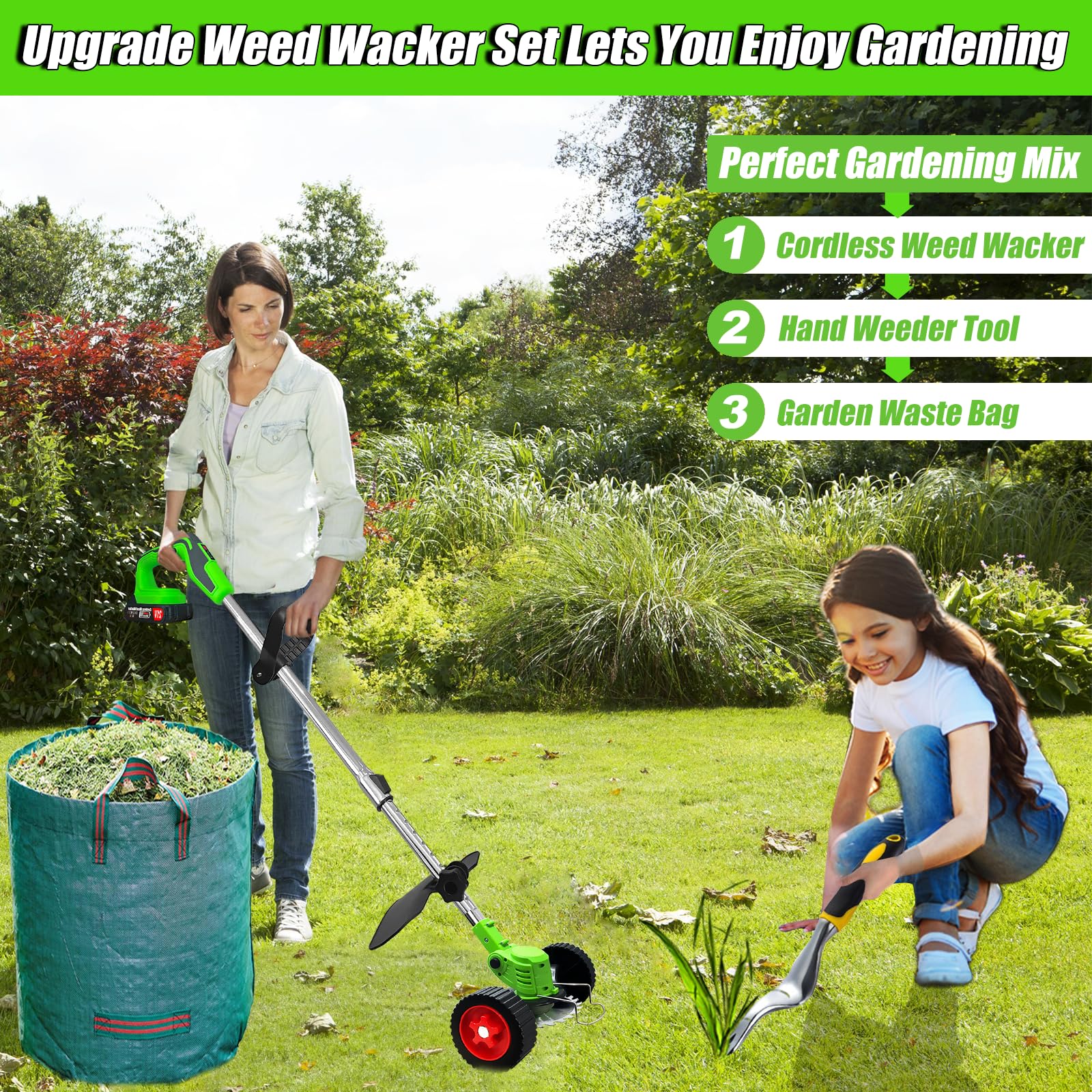 Weed Wacker Battery Operated, Electric Weed Eater Cordless Weed Trimmer Battery Powered 21V 2Ah,Lightweight Grass Trimmer/Lawn Edger/Mower/Brush Cutter, Wheeled No String Lawn Trimmer for Garden Yard