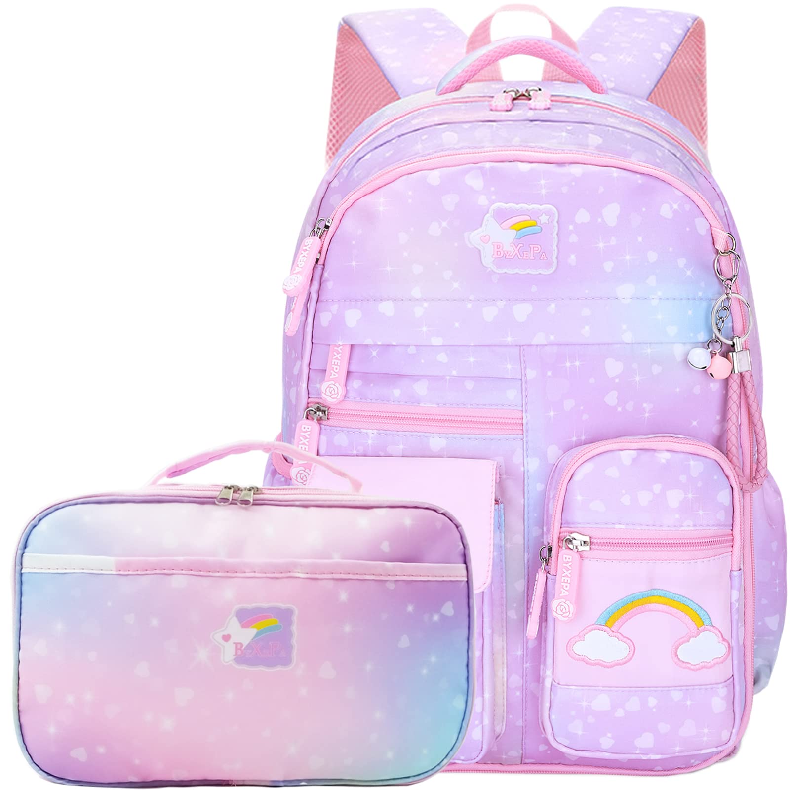 Backpacks for Girls, Kids Backpack School Bookbags with Insulated Lunch Box for School Elementary Girl, School Bag with Laptop Compartments, Galaxy Purple