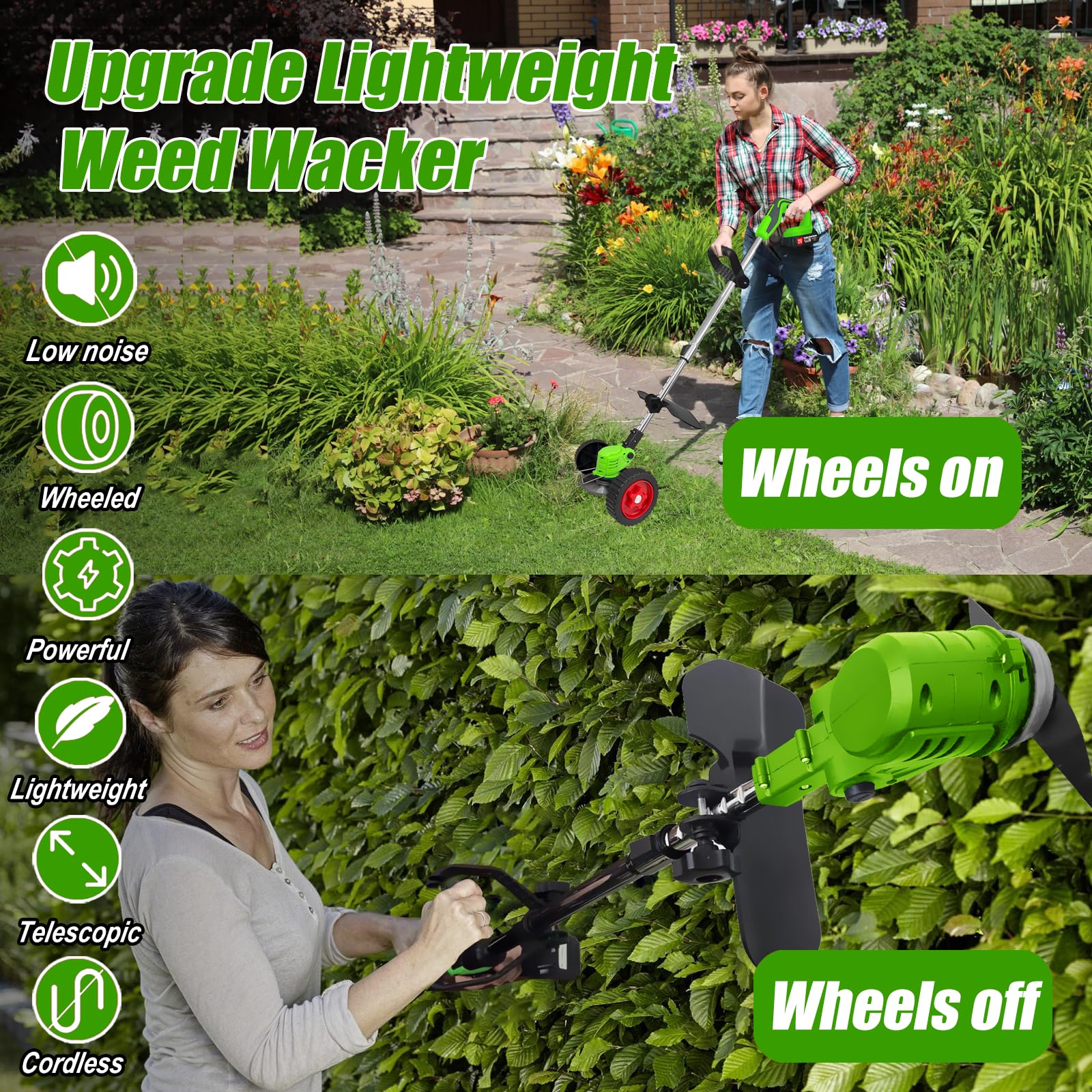 Weed Wacker Battery Operated, Electric Weed Eater Cordless Weed Trimmer Battery Powered 21V 2Ah,Lightweight Grass Trimmer/Lawn Edger/Mower/Brush Cutter, Wheeled No String Lawn Trimmer for Garden Yard