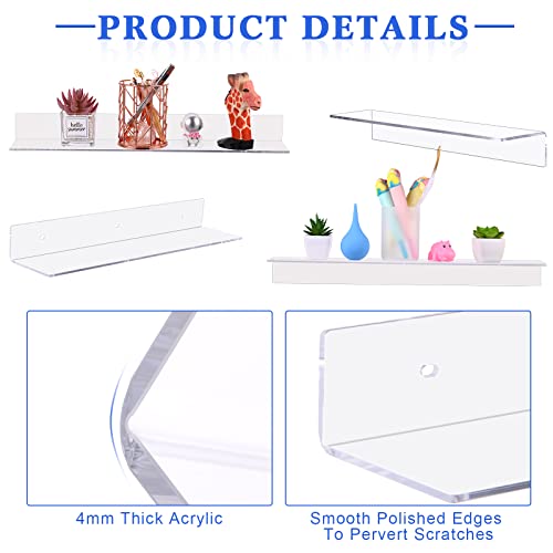 Qunclay 12 Pcs Clear Acrylic Shelves for Wall 15" Acrylic Floating Wall Shelf 4 mm Thick Wall Mounted Storage Shelf Long Clear Shelves for Bedroom Living Room Bathroom Kitchen Office Wall Display