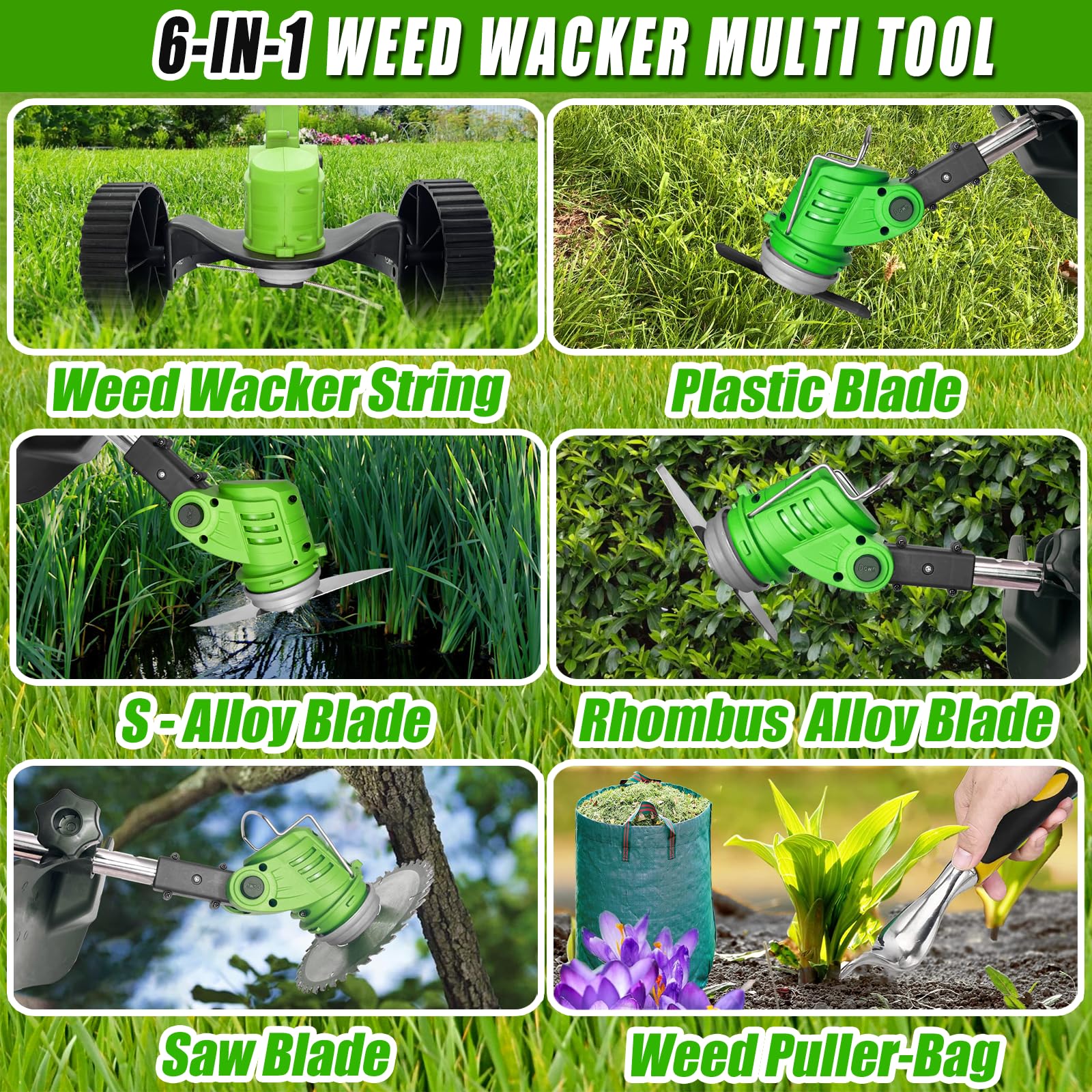 Weed Wacker Battery Operated, Electric Weed Eater Cordless Weed Trimmer Battery Powered 21V 2Ah,Lightweight Grass Trimmer/Lawn Edger/Mower/Brush Cutter, Wheeled No String Lawn Trimmer for Garden Yard