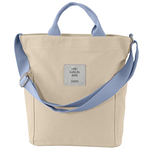 ALUWU Canvas Tote Bag for Women Crossbody Bag Casual Shoulder Purse Handbag with Zipper for School Work Beige