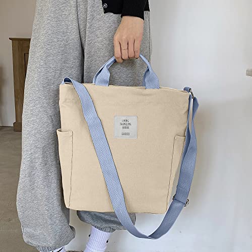 ALUWU Canvas Tote Bag for Women Crossbody Bag Casual Shoulder Purse Handbag with Zipper for School Work Beige