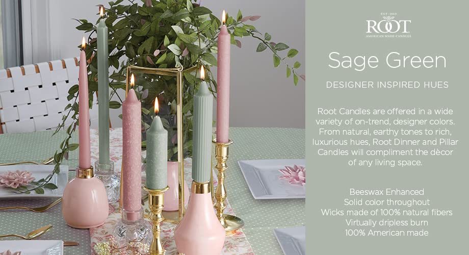 Root Candles 12-Count Unscented Taper Candles Smooth Hand-Dipped Dripless Beeswax Blend Dinner Candles, 12-Inch, Sage Green
