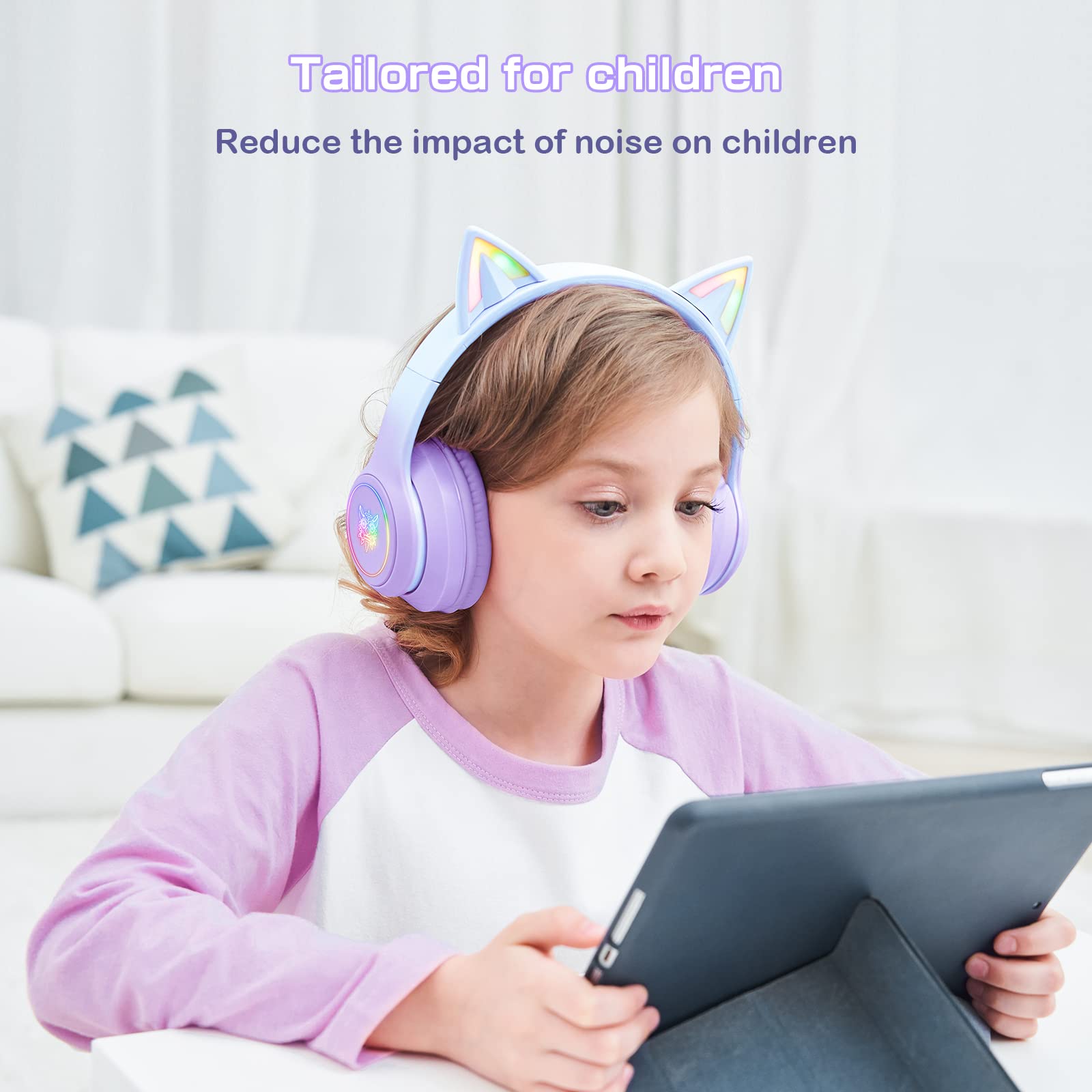 Bluetooth Cat Ear Headphones for Kids & Adults, Wireless & Wired Mode Foldable Headset with Mic - Clear Sound Quality - RGB LED Light, for Girls School Gaming, for Phone/Laptop/PC/Tablet, Purple