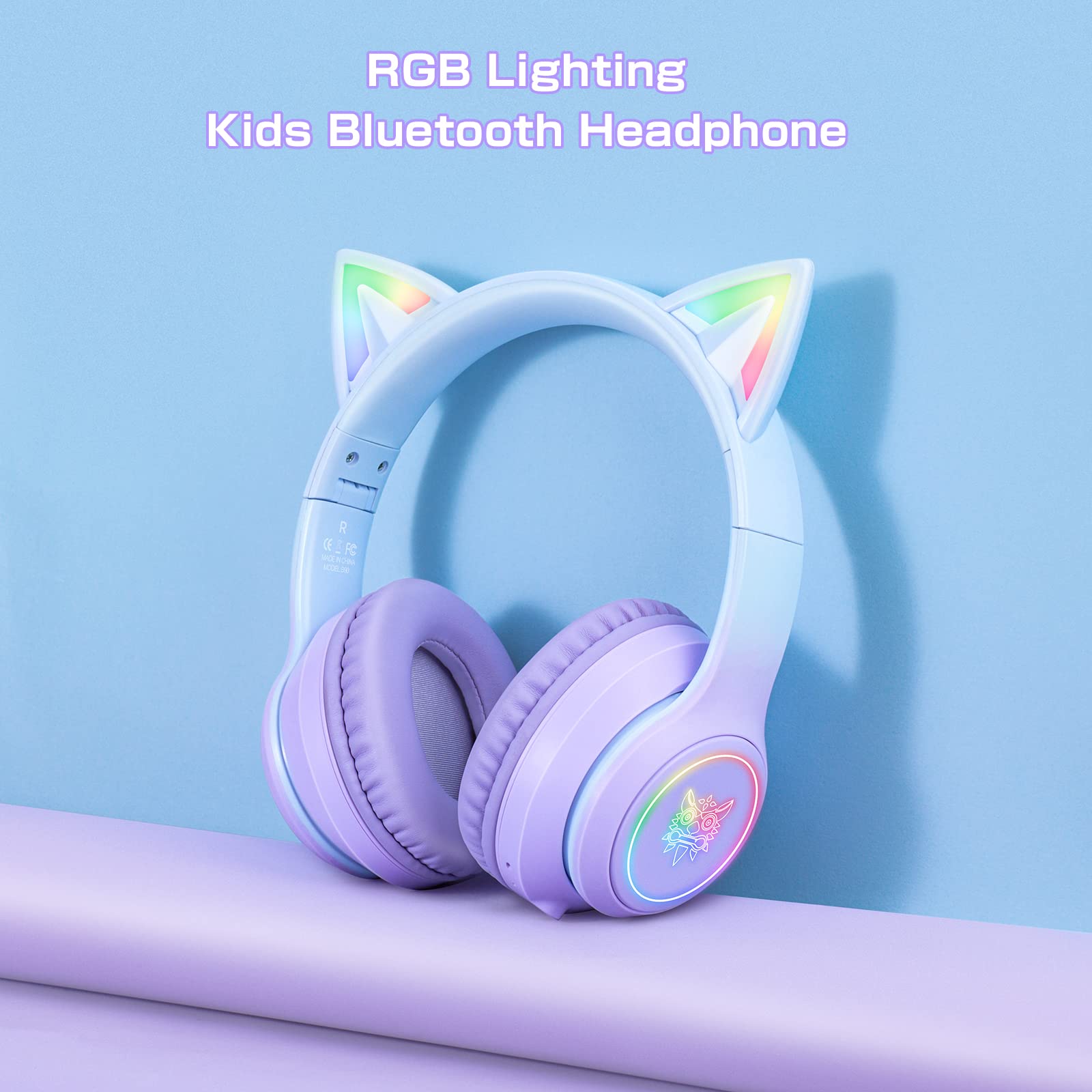 Bluetooth Cat Ear Headphones for Kids & Adults, Wireless & Wired Mode Foldable Headset with Mic - Clear Sound Quality - RGB LED Light, for Girls School Gaming, for Phone/Laptop/PC/Tablet, Purple