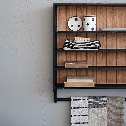 Creative Co-Op Modern Farmhouse Wood 3 Shelves and Hanging Rod, Black and Natural Wall Shelf