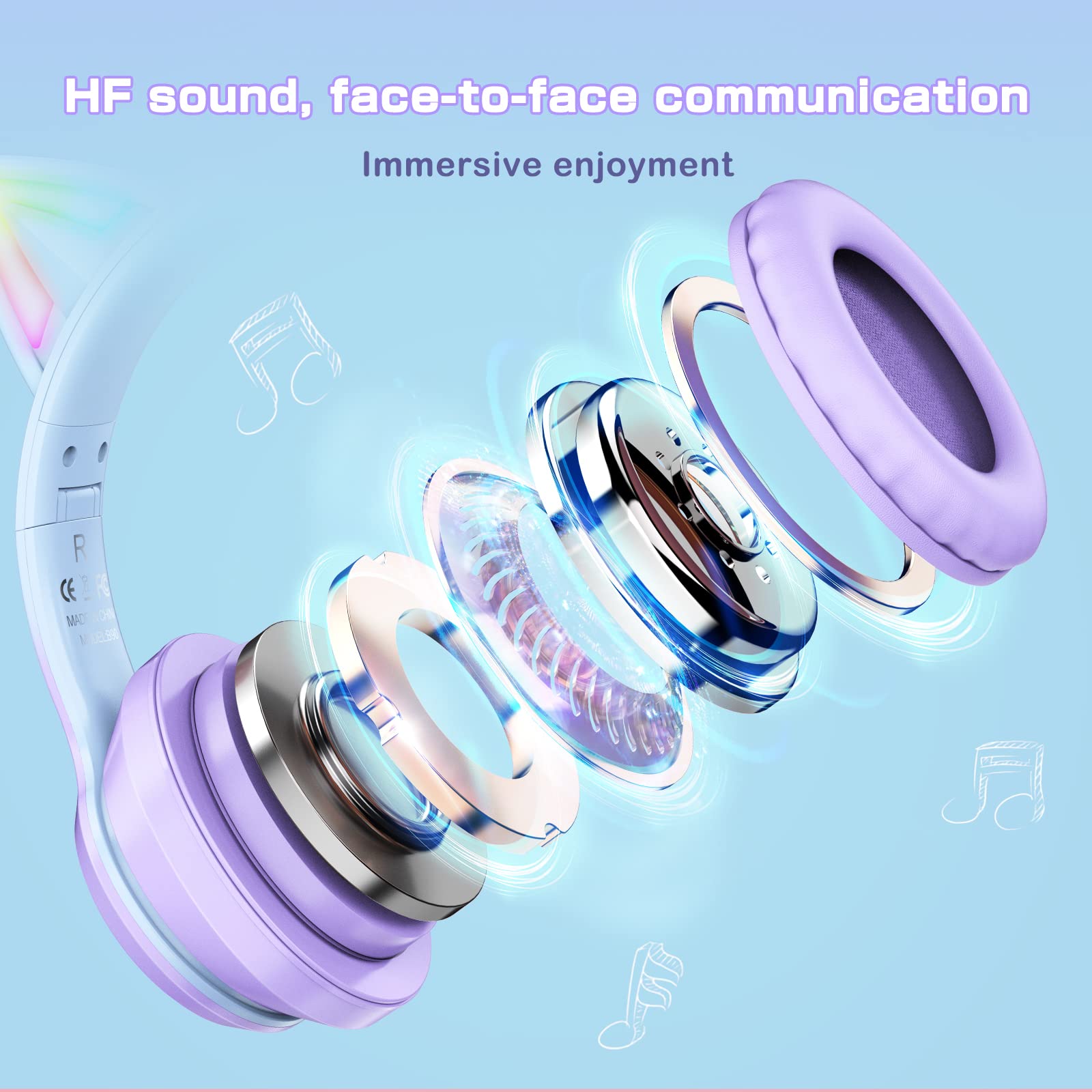 Bluetooth Cat Ear Headphones for Kids & Adults, Wireless & Wired Mode Foldable Headset with Mic - Clear Sound Quality - RGB LED Light, for Girls School Gaming, for Phone/Laptop/PC/Tablet, Purple