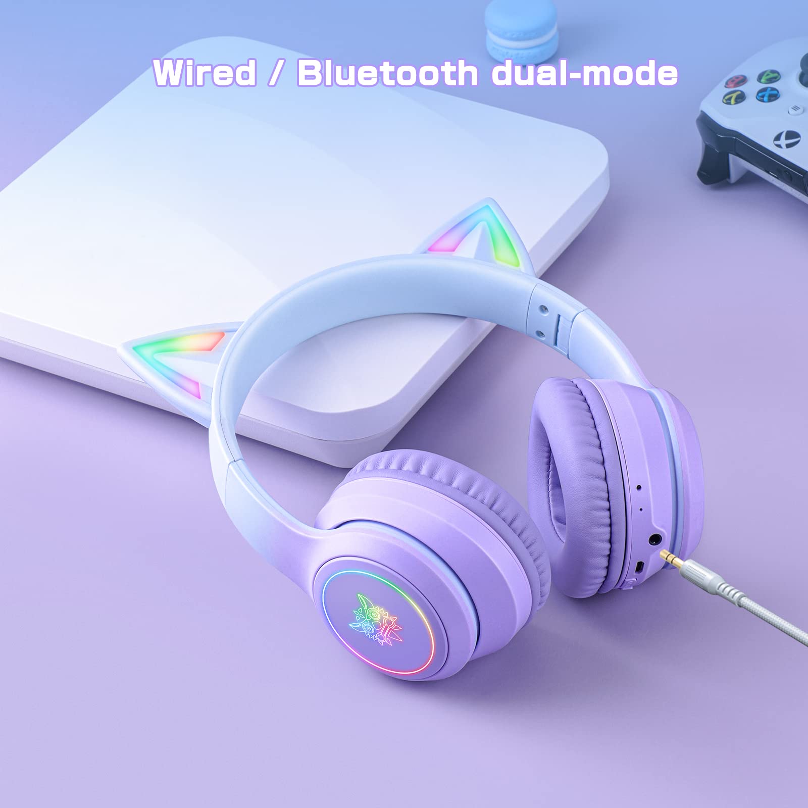 Bluetooth Cat Ear Headphones for Kids & Adults, Wireless & Wired Mode Foldable Headset with Mic - Clear Sound Quality - RGB LED Light, for Girls School Gaming, for Phone/Laptop/PC/Tablet, Purple