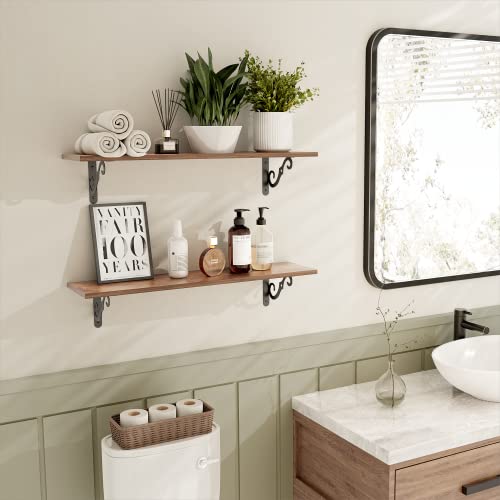 MUXX.STIL Long Wall Shelves, 31.5 Inch Large Floating Shelves for Home Decor Set of 2, Wide Wall Mounted Shelves with Brackets for Bedroom, Living Room, Kitchen, Bathroom and Plants, Rustic Brown