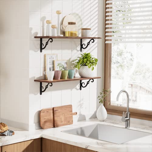 MUXX.STIL Long Wall Shelves, 31.5 Inch Large Floating Shelves for Home Decor Set of 2, Wide Wall Mounted Shelves with Brackets for Bedroom, Living Room, Kitchen, Bathroom and Plants, Rustic Brown