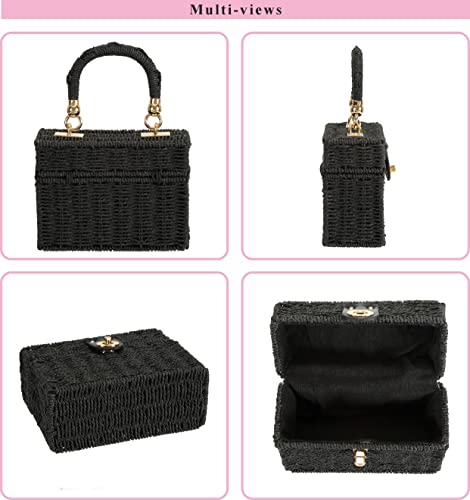 TaiGuri Women's Handmade Straw Rattan Woven Chain Purse Handbag Tote Shoulder Bag Black
