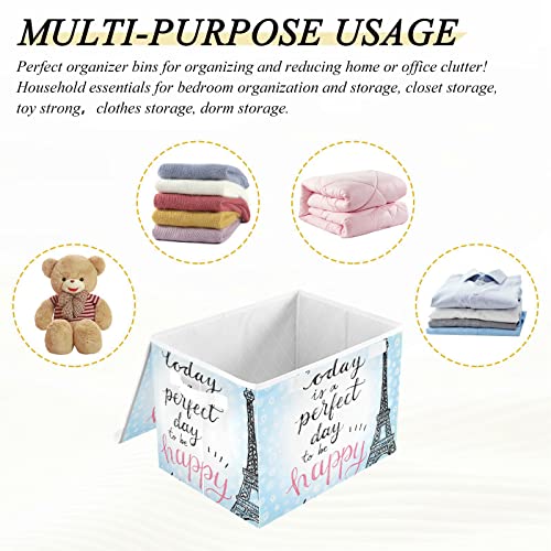 WELLDAY Perfect Day Paris Storage Baskets Foldable Cube Storage Bin with Lids and Handle, 16.5x12.6x11.8 In Storage Boxes for Toys, Shelves, Closet, Bedroom, Nursery