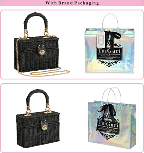 TaiGuri Women's Handmade Straw Rattan Woven Chain Purse Handbag Tote Shoulder Bag Black