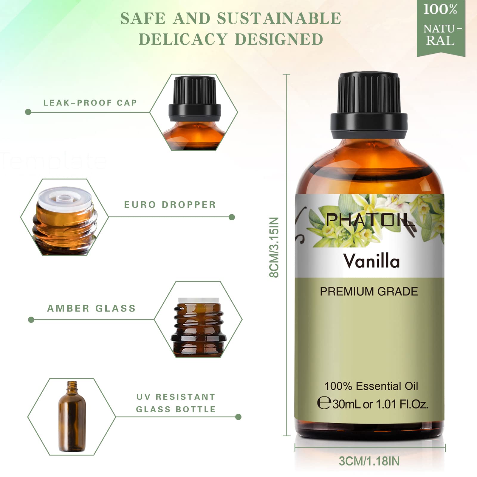 Vanilla Essential Oil, 1.01Fl.Oz (30ML) PHATOIL Pure Essential Oil Singles for Aromatherapy Diffusers, Humidifiers, Great for DIY Candle and Soap Making, Gift for Friend