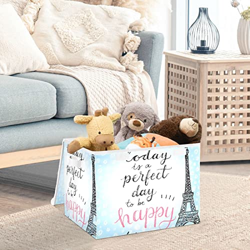 WELLDAY Perfect Day Paris Storage Baskets Foldable Cube Storage Bin with Lids and Handle, 16.5x12.6x11.8 In Storage Boxes for Toys, Shelves, Closet, Bedroom, Nursery