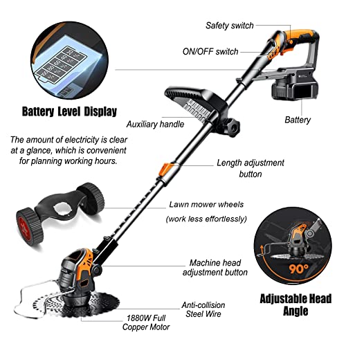 Windpost Cordless Weed Eater Grass Trimmer Battery String Trimmers Weed Wacker Adjustable Machine Head Electric Lawn Edger for Garden Clearing Weeds (Green)