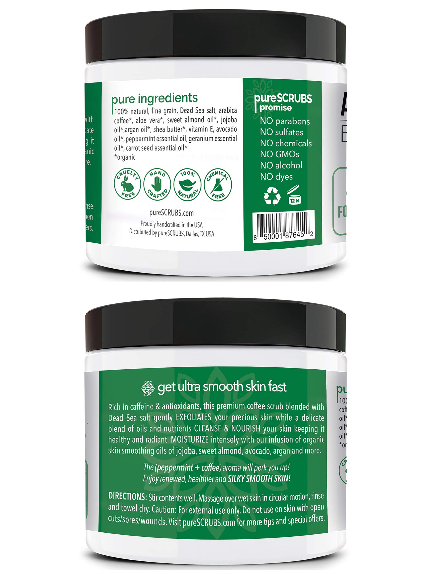 pureSCRUBS Premium Organic Arabica Coffee Body Scrub Set - VANILLA BLEND Large 16oz Anti Cellulite Scrub With Essential Oils & Nutrients + FREE Wooden Spoon, Loofah & Mini Organic Exfoliating Bar Soap
