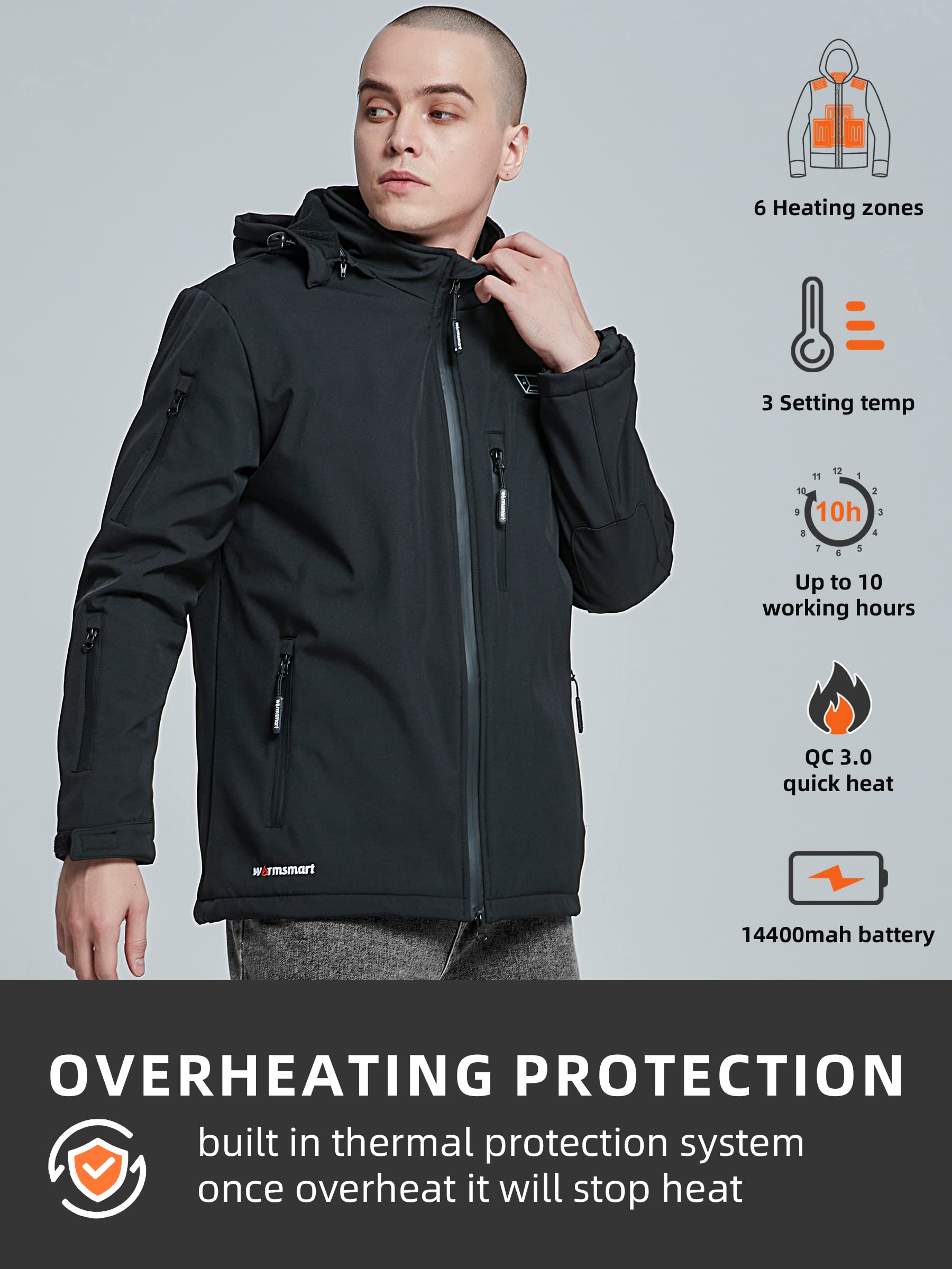 warmsmart Heated jackets for Men Women with 14400mAh Battery Pack, Heated Coats with Detachable Hood Windproof