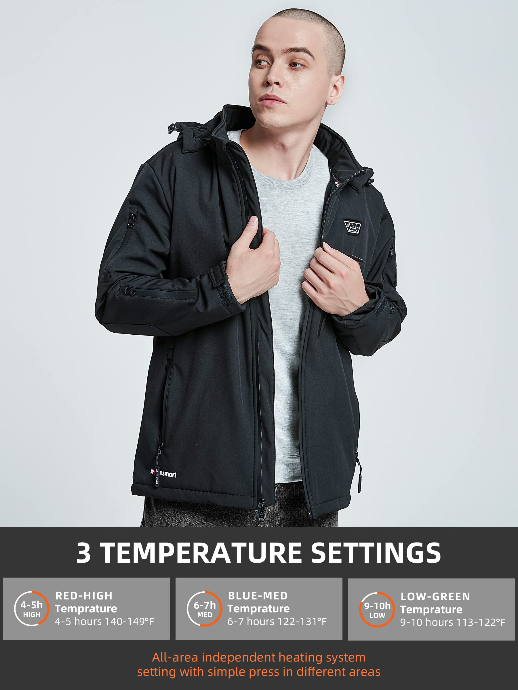 warmsmart Heated jackets for Men Women with 14400mAh Battery Pack, Heated Coats with Detachable Hood Windproof