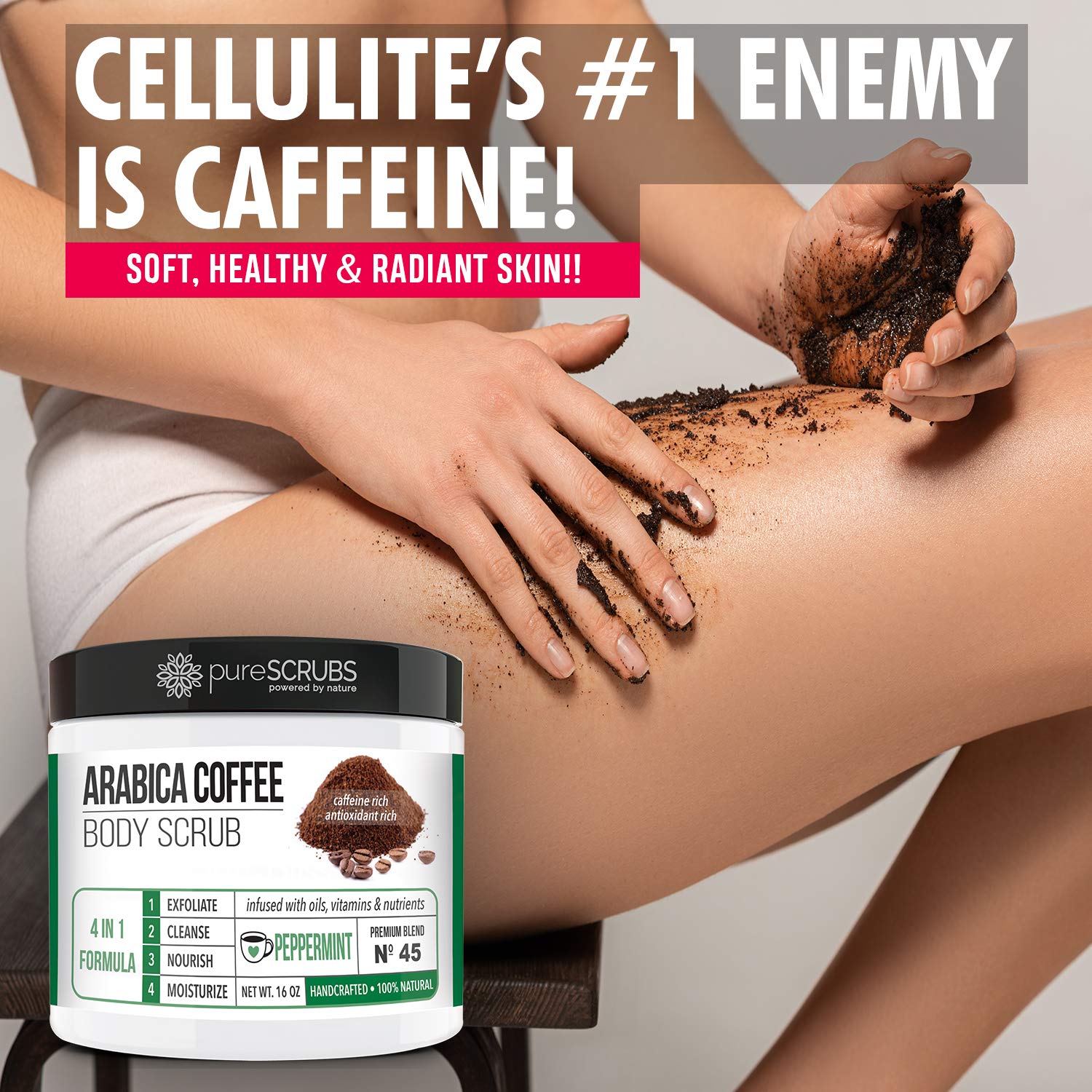 pureSCRUBS Premium Organic Arabica Coffee Body Scrub Set - VANILLA BLEND Large 16oz Anti Cellulite Scrub With Essential Oils & Nutrients + FREE Wooden Spoon, Loofah & Mini Organic Exfoliating Bar Soap