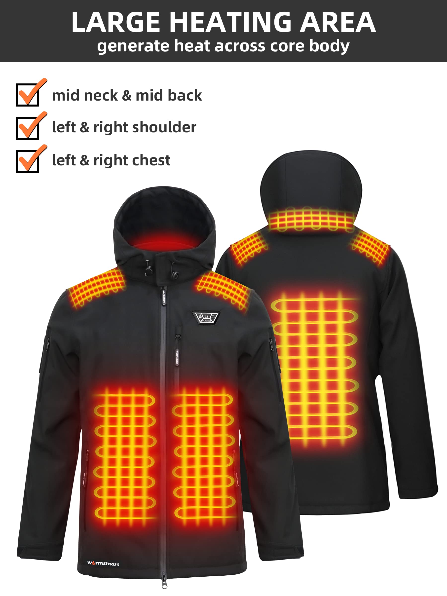warmsmart Heated jackets for Men Women with 14400mAh Battery Pack, Heated Coats with Detachable Hood Windproof