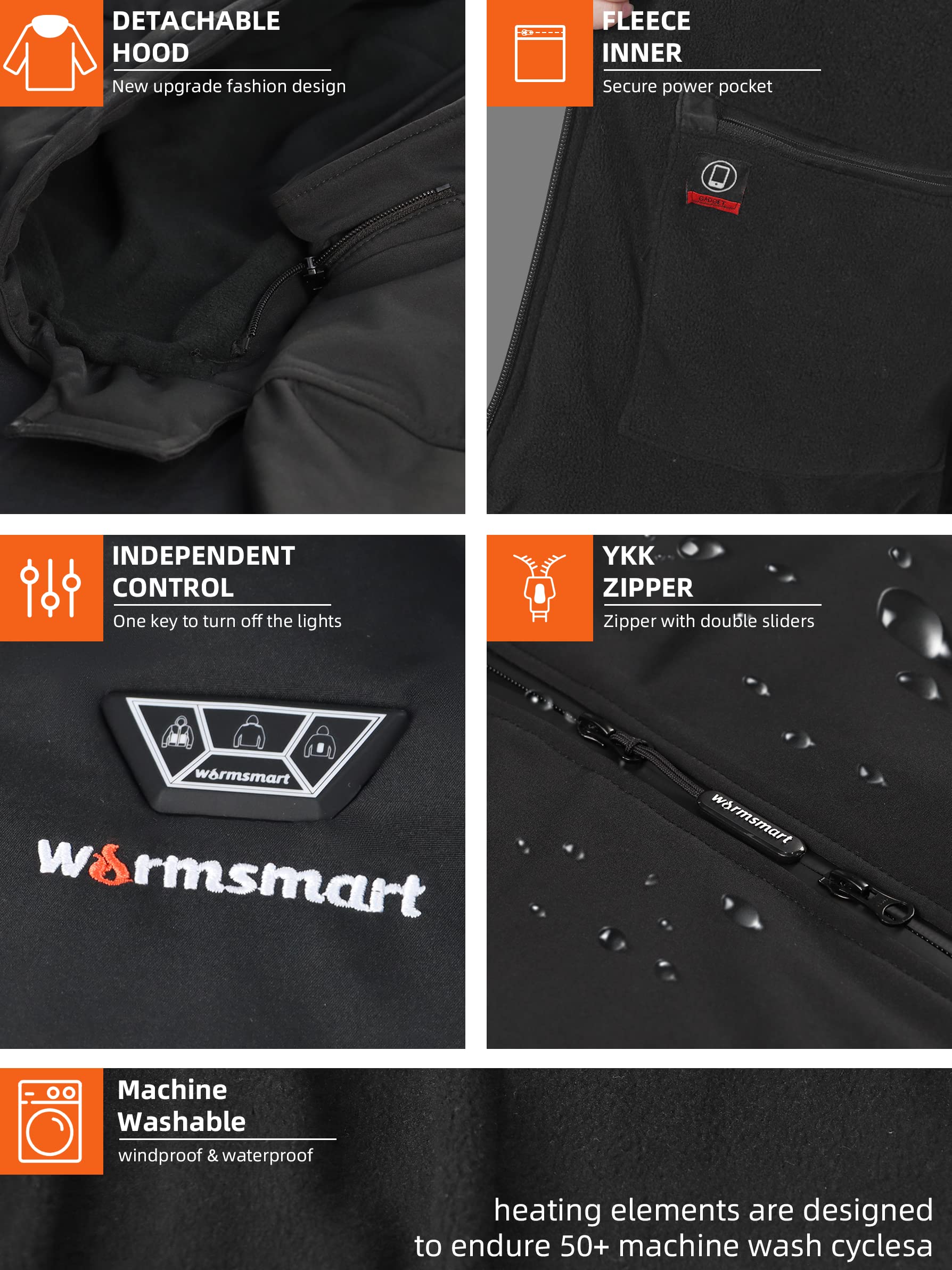 warmsmart Heated jackets for Men Women with 14400mAh Battery Pack, Heated Coats with Detachable Hood Windproof
