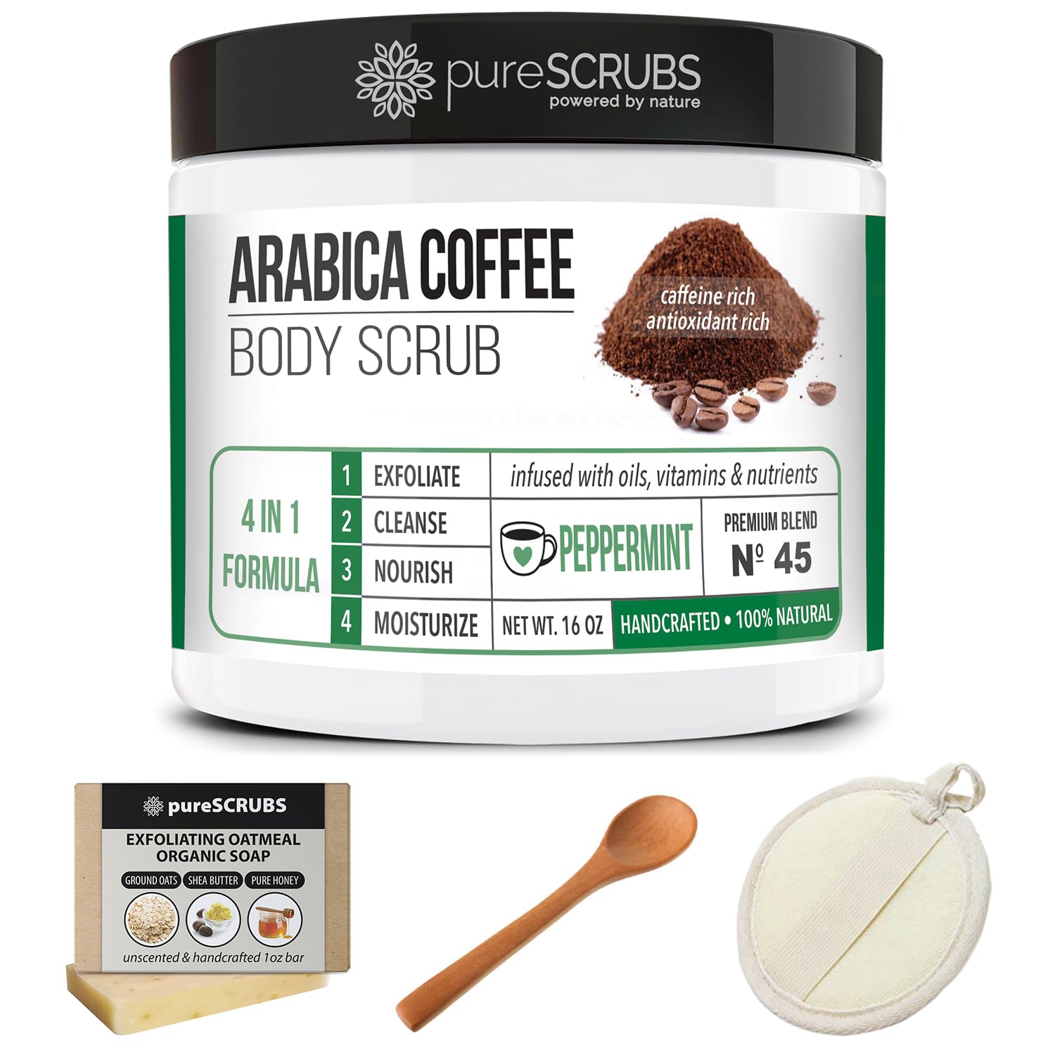 pureSCRUBS Premium Organic Arabica Coffee Body Scrub Set - VANILLA BLEND Large 16oz Anti Cellulite Scrub With Essential Oils & Nutrients + FREE Wooden Spoon, Loofah & Mini Organic Exfoliating Bar Soap
