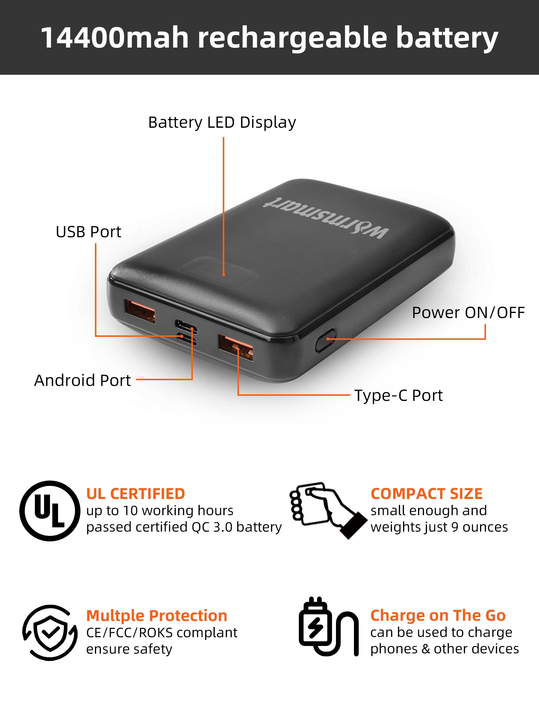 warmsmart Heated jackets for Men Women with 14400mAh Battery Pack, Heated Coats with Detachable Hood Windproof