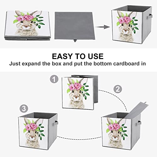 DamTma Rabbit with Spring Flowers Collapsible Storage Cubes Easter Bunny 10.6 Inch Fabric Storage Bins Storage Cubes with Handles Basket Storage Organizer for Clothes Pet Toys