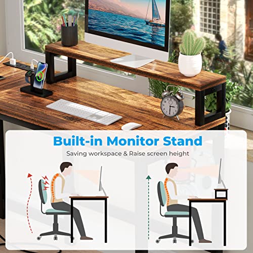 GreenForest L Shaped Desk with Power Outlets, 50.4 Inches Reversible Small Corner Computer Desk with Monitor Stand, Home Office Gaming Desk with Headphone Hook, Cup Holder, Walnut