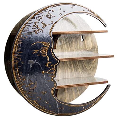 YUDIZWS Glass Shade Wall Mounted Antique Wooden Moon Stand Floating Moon Shelf Mounted Shelf Wall Glass Storage Stand,Black