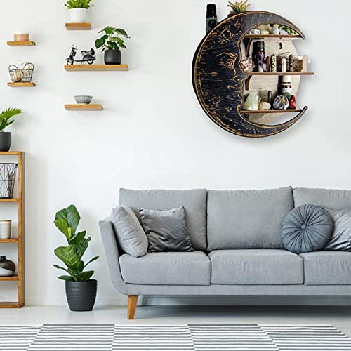 YUDIZWS Glass Shade Wall Mounted Antique Wooden Moon Stand Floating Moon Shelf Mounted Shelf Wall Glass Storage Stand,Black