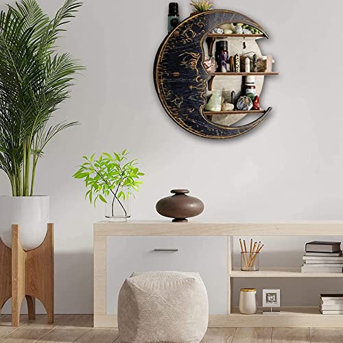 YUDIZWS Glass Shade Wall Mounted Antique Wooden Moon Stand Floating Moon Shelf Mounted Shelf Wall Glass Storage Stand,Black