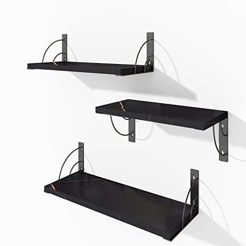 PlantsHome Fun Floating Shelves Wall Mounted, Rustic Wood Wall Shelf with Metal Bracket for Bedroom, Living Room, Bathroom, Kitchen, Office Laundry Room Storage and Decoration (Marble Black)