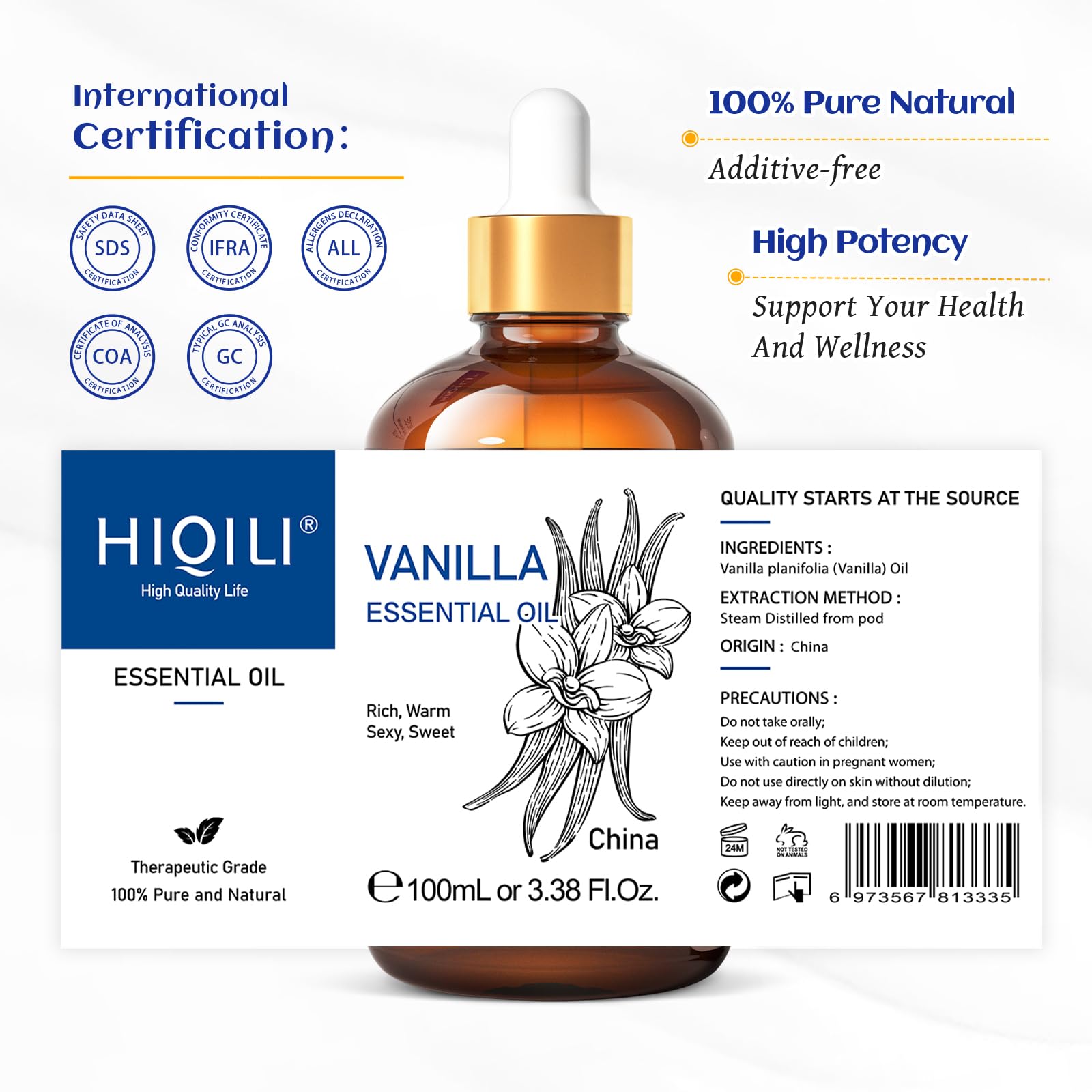 HIQILI Vanilla Essential Oil, Undiluted Natural Strong Fragrance Add in Skin Perfume, Unscented Lotion, Candle Soap Making Scent, Relax at Home with Diffuse Warm Sweet Aroma-100ML